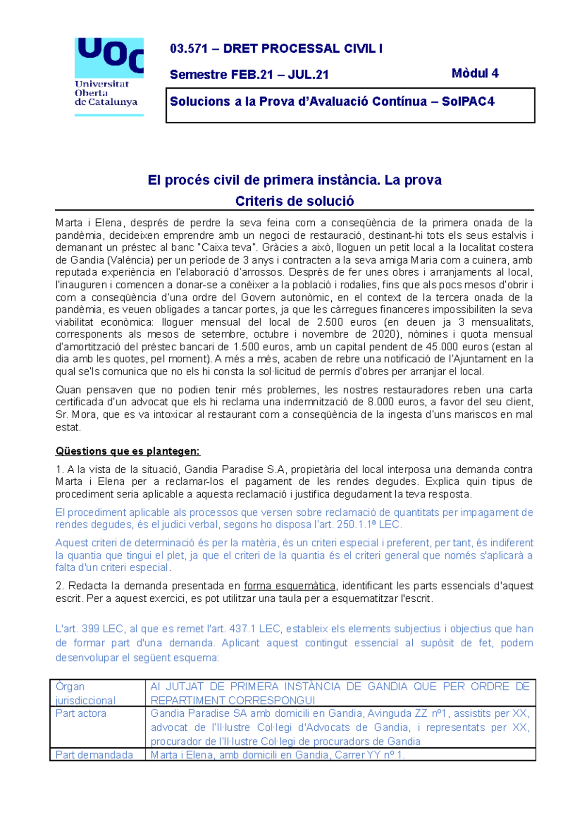 SOL PAC 4 DERECHO PROCESAL I - 03 – DRET PROCESSAL CIVIL I Semestre FEB – JUL Mòdul 4 Solucions ...