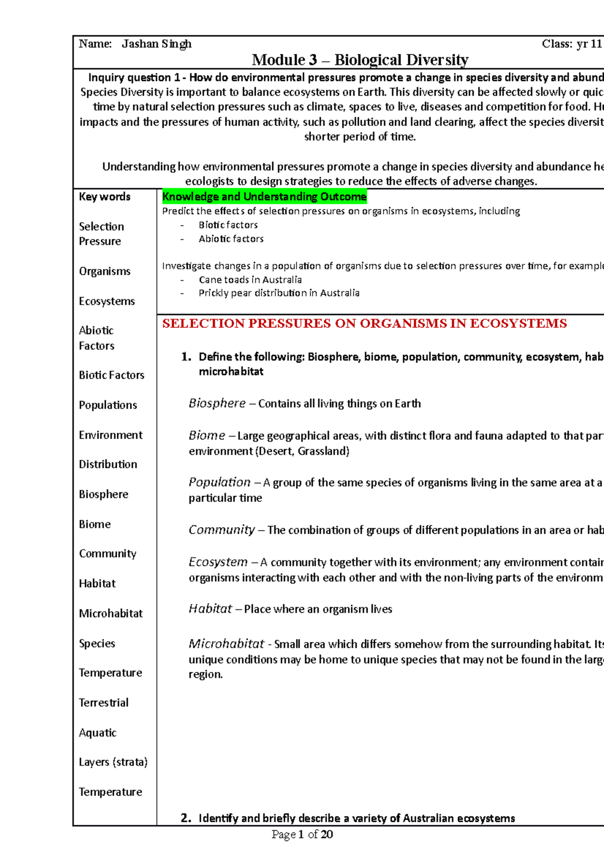 FULL Module 3 Biology PRELIMINARY NOTES - Name: Jashan Singh Class: yr ...