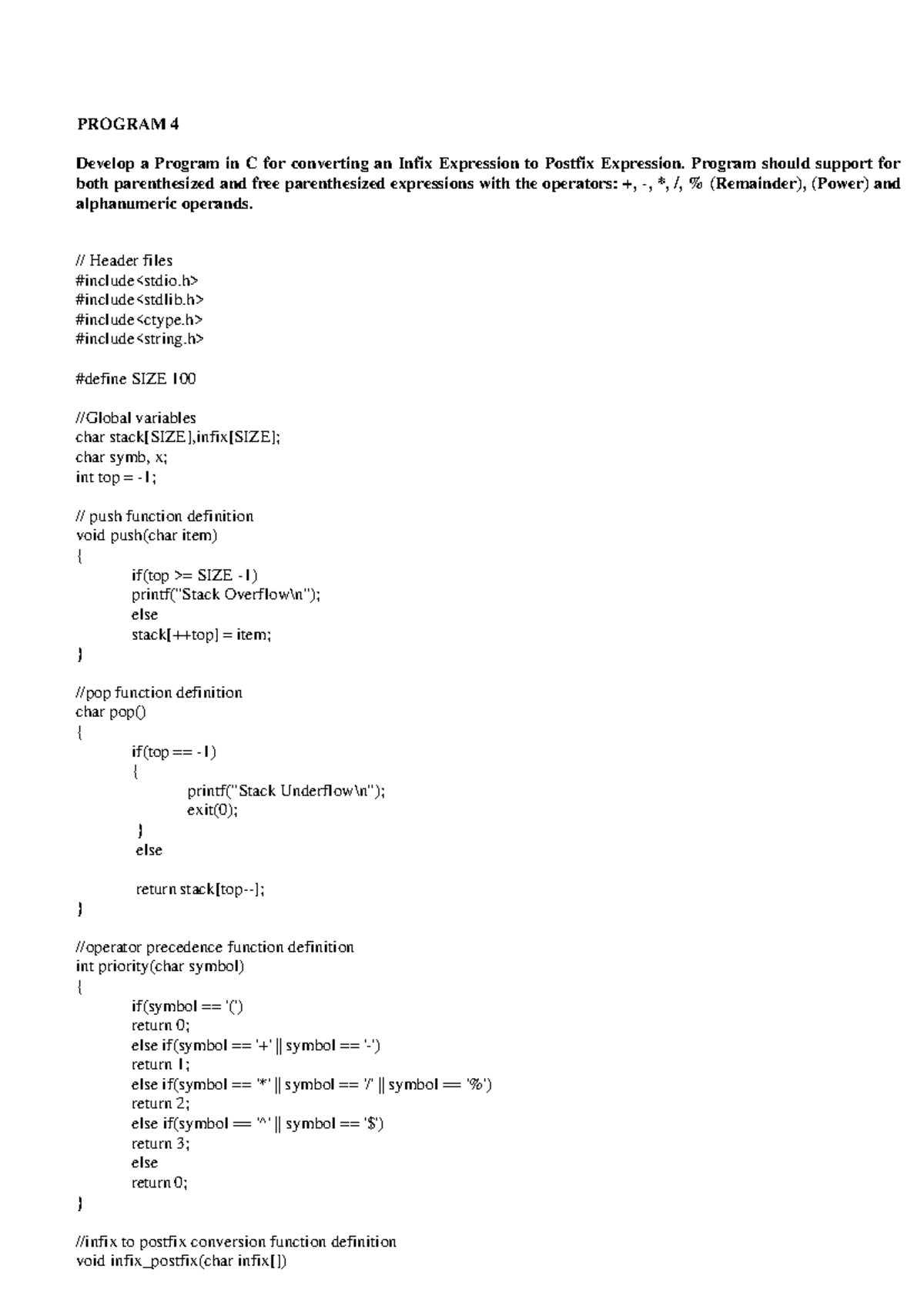 Dsa Lab Program 4 Program 4 Develop A Program In C For Converting An 0440