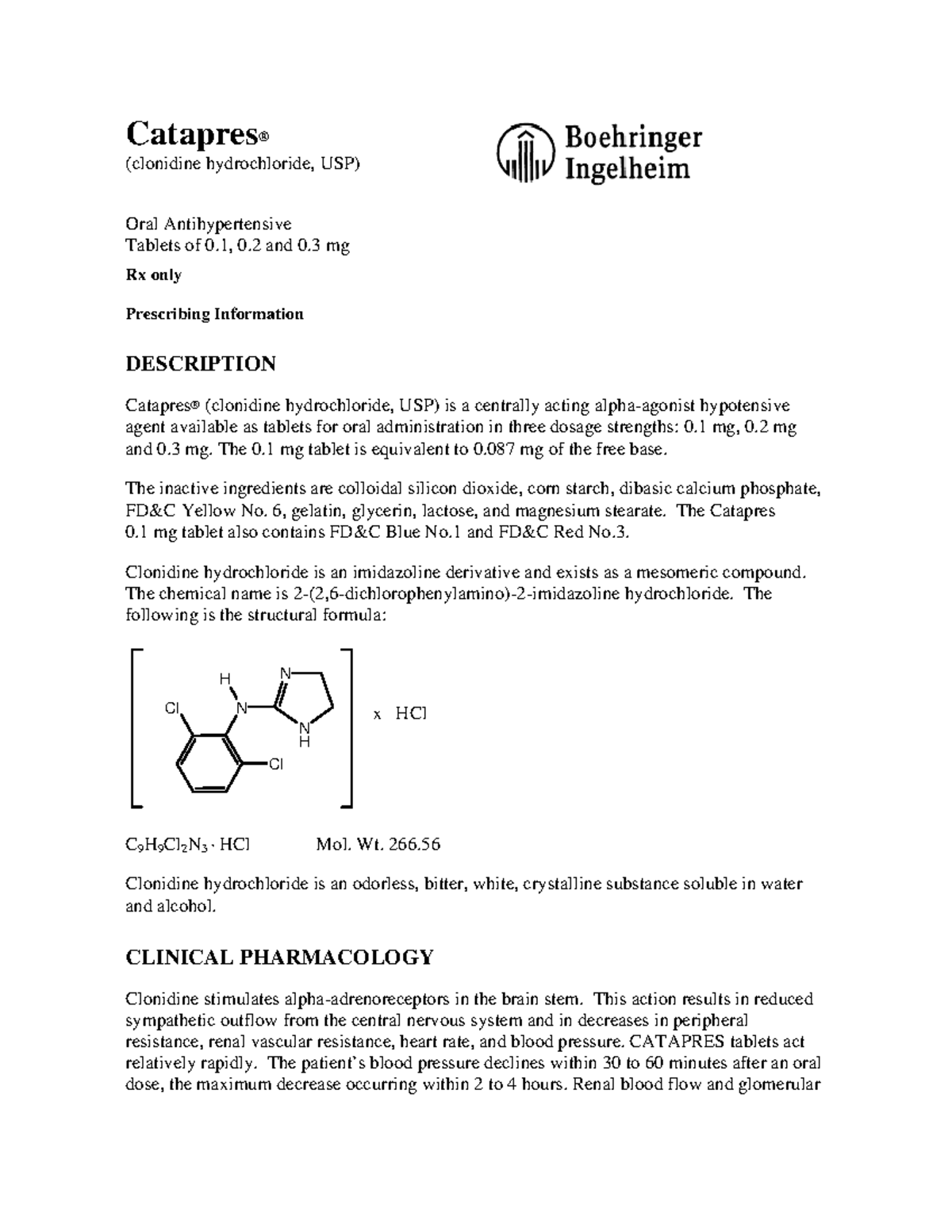017407 s034lbl - Hhh - Catapres® (clonidine hydrochloride, USP) Oral ...