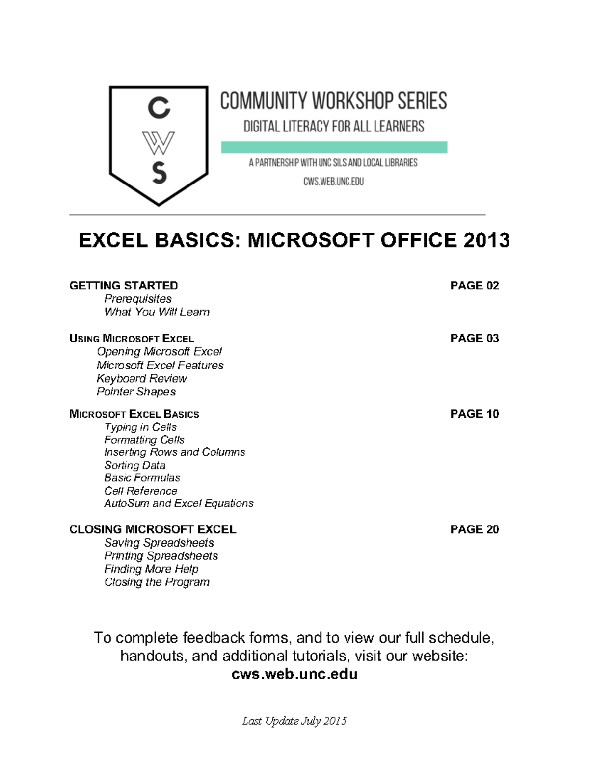 Excel-Basics-2013 - LECTURE - Last Update July 2015 EXCEL BASICS ...