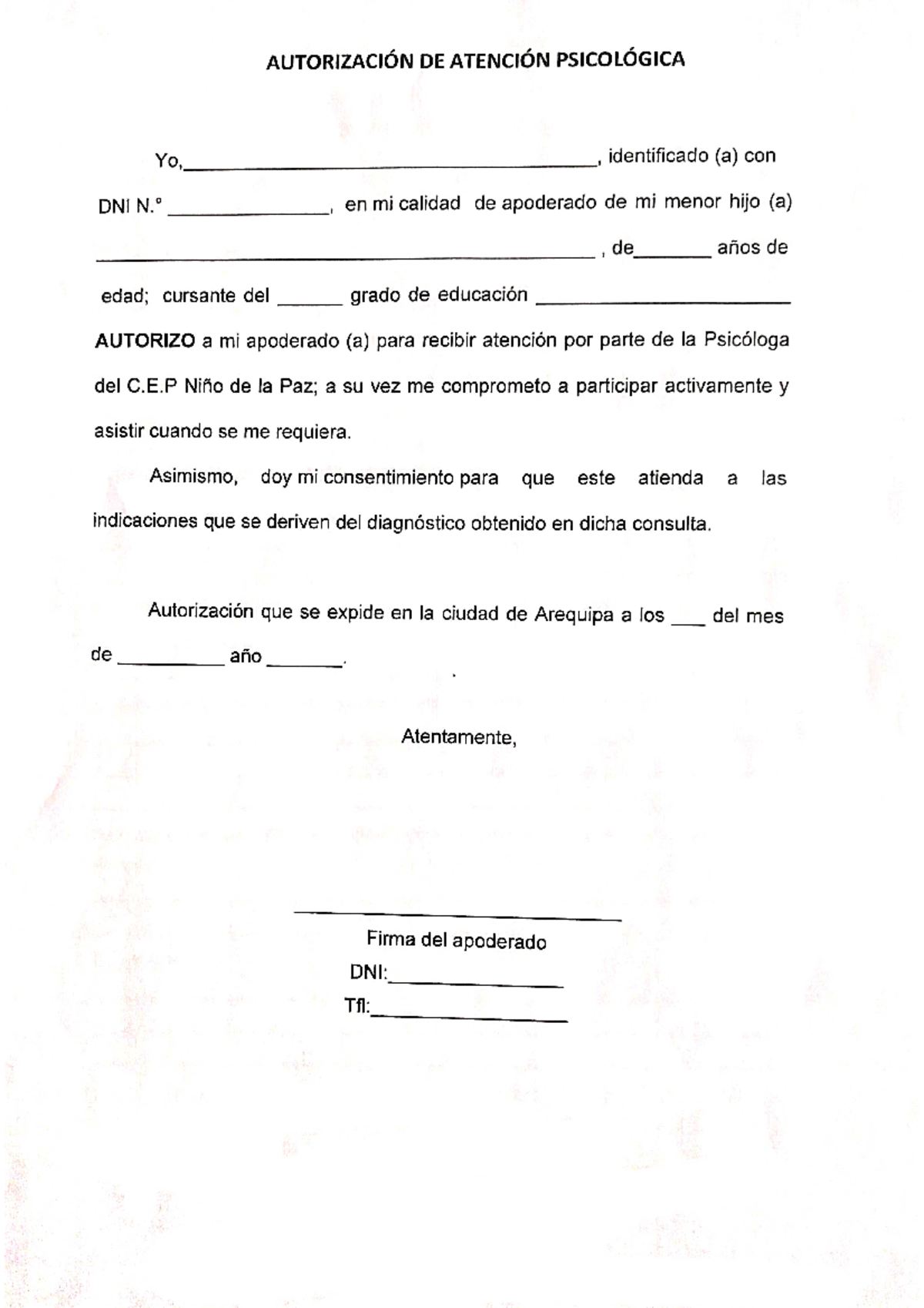 Autorización Pdf Colegio Niño De La Paz Autorización De Atención