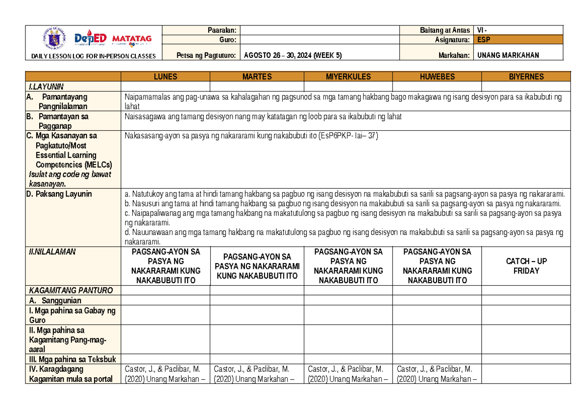G6 Q1W5 DLL ESP (MELCs) - jnjif - DAILY LESSON LOG FOR IN-PERSON CLASSES Paaralan: Baitang at ...