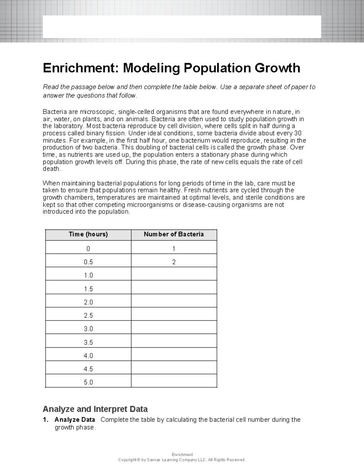 Population Growth Enrichment Modeling Population Growth Read The
