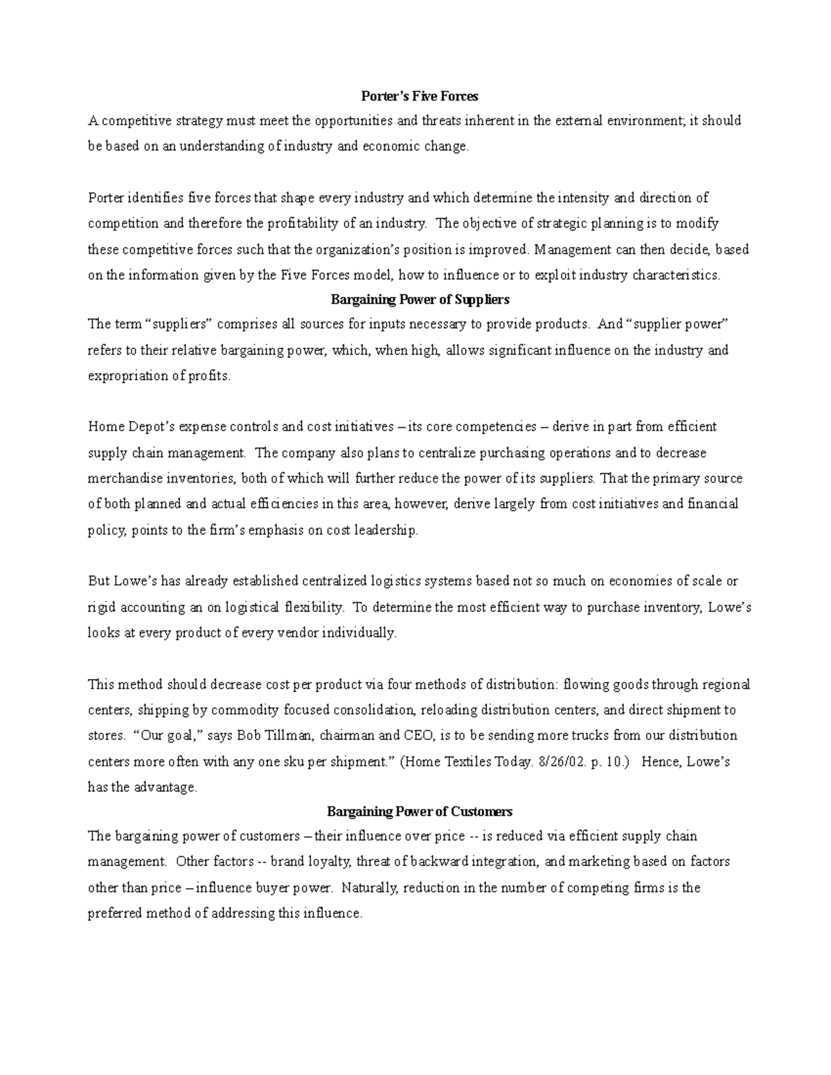 Home Depot Poter Model - Swot analysis - Porter’s Five Forces A ...