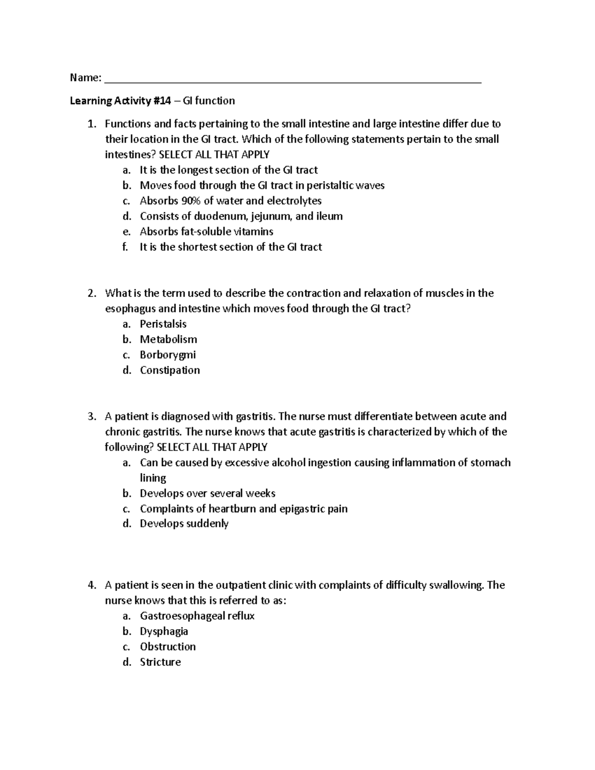 Learning Activity #14 - GI questions - Name: - Studocu