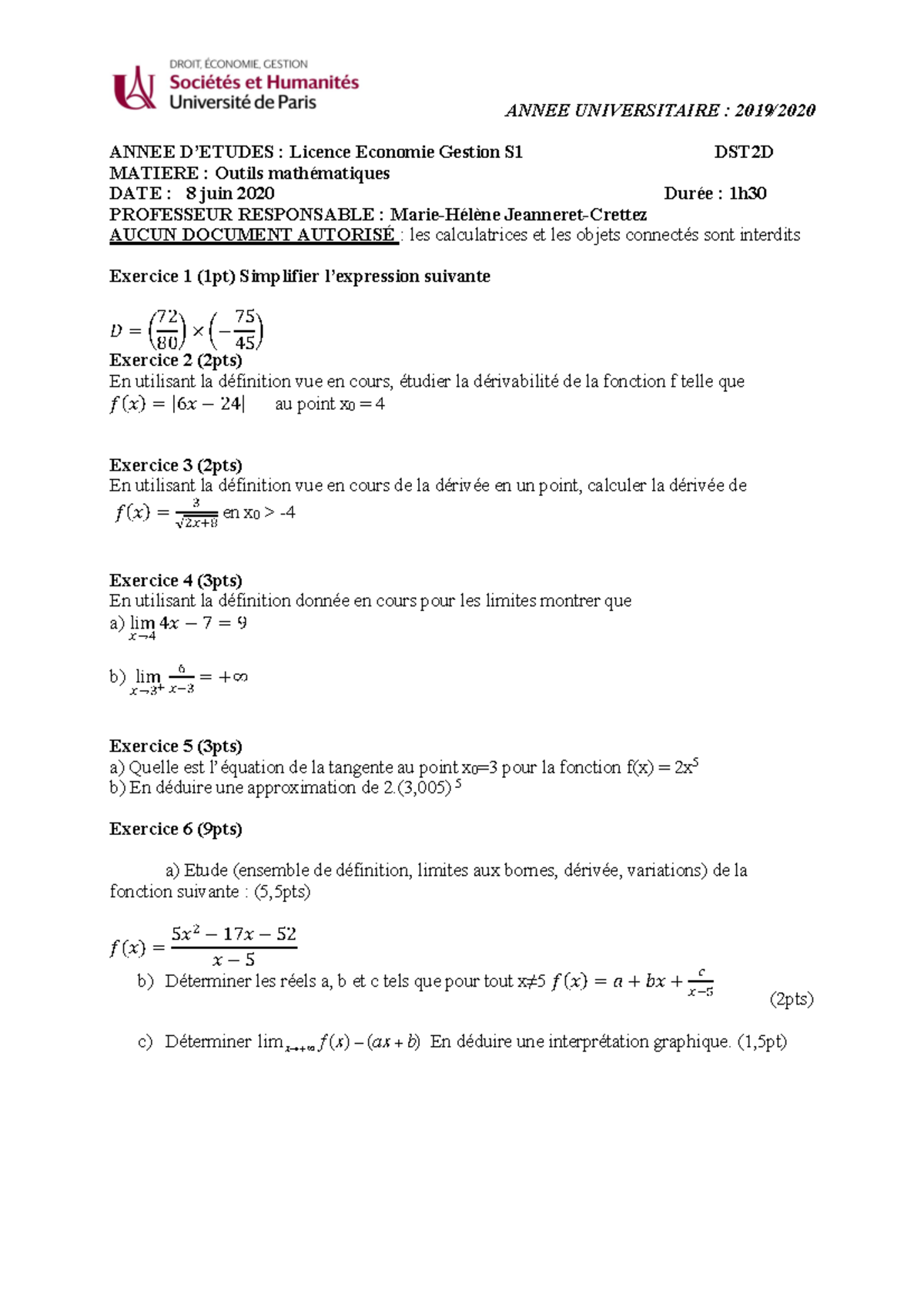 Dst 2020 - DST exemple - ANNEE UNIVERSITAIRE : 2019/ ANNEE D’ETUDES ...