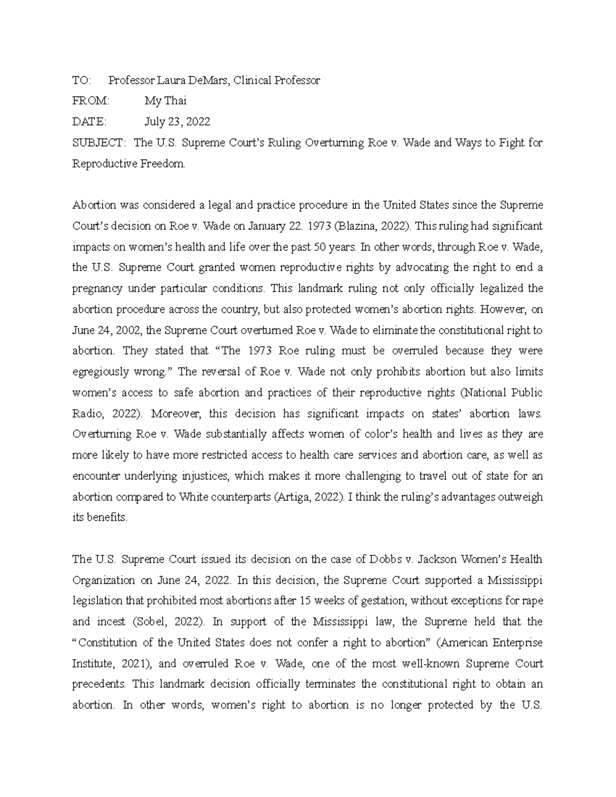 Abortion - this essay is a memo about the ruling of Roe v Wade and how ...