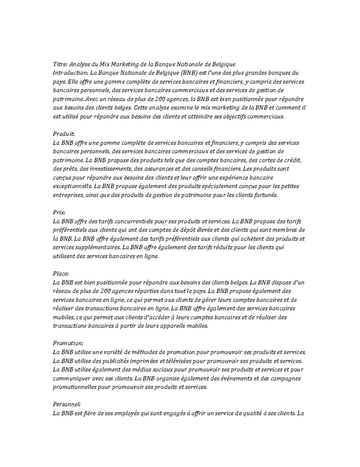 Banque Nationale de Belgique marketing mix - Titre: Analyse du Mix ...