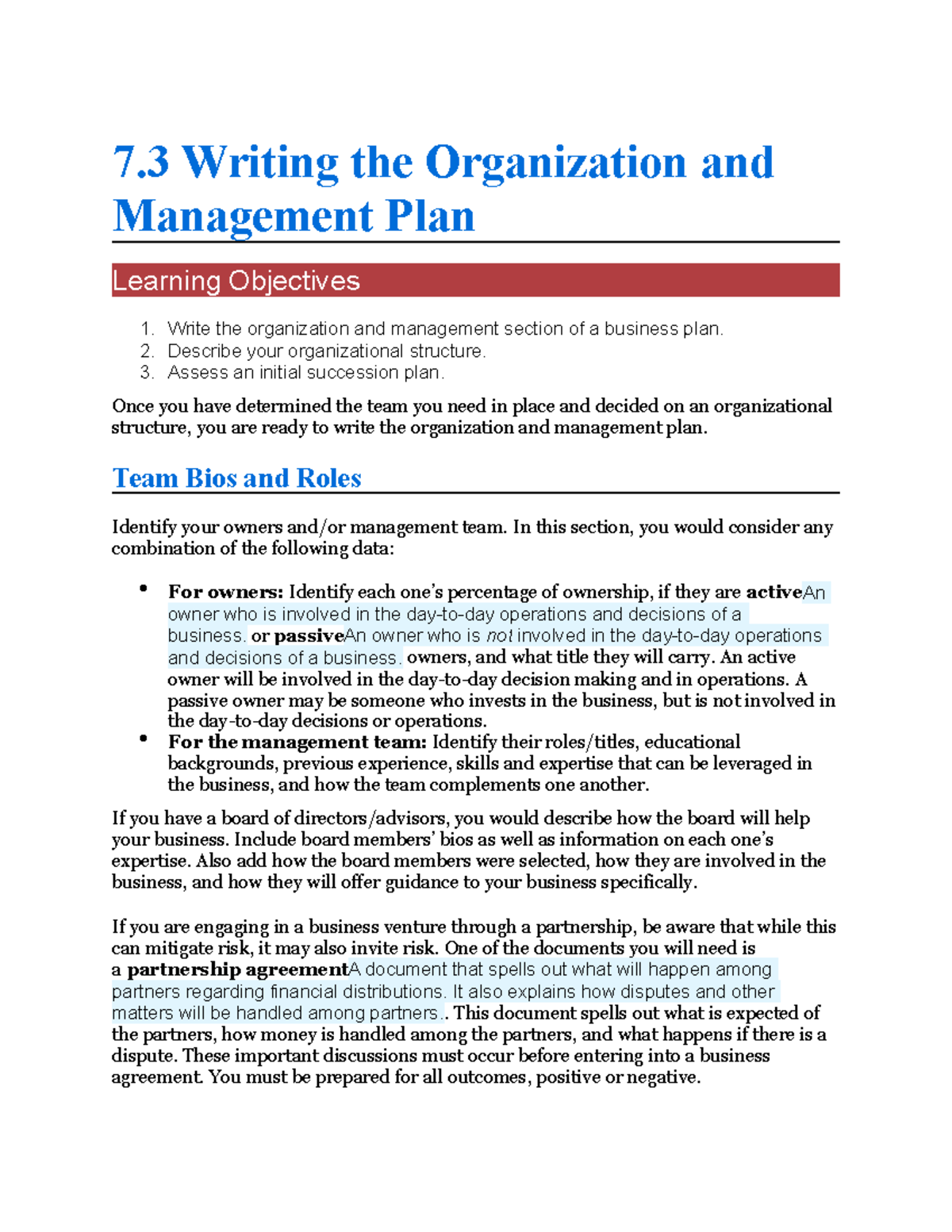 7.3 Writing the Organization and Management Plan - 7 Writing the ...