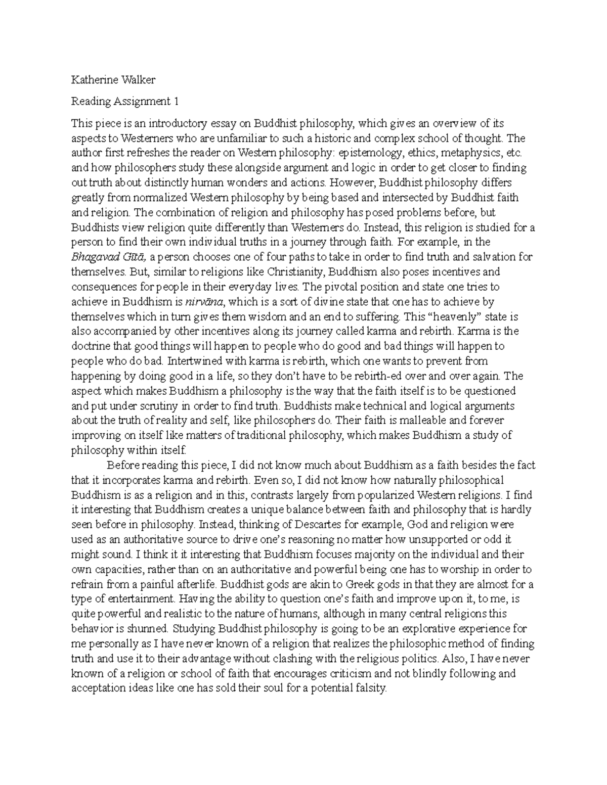 Buddhist p response 1 - Katherine Walker Reading Assignment 1 This ...