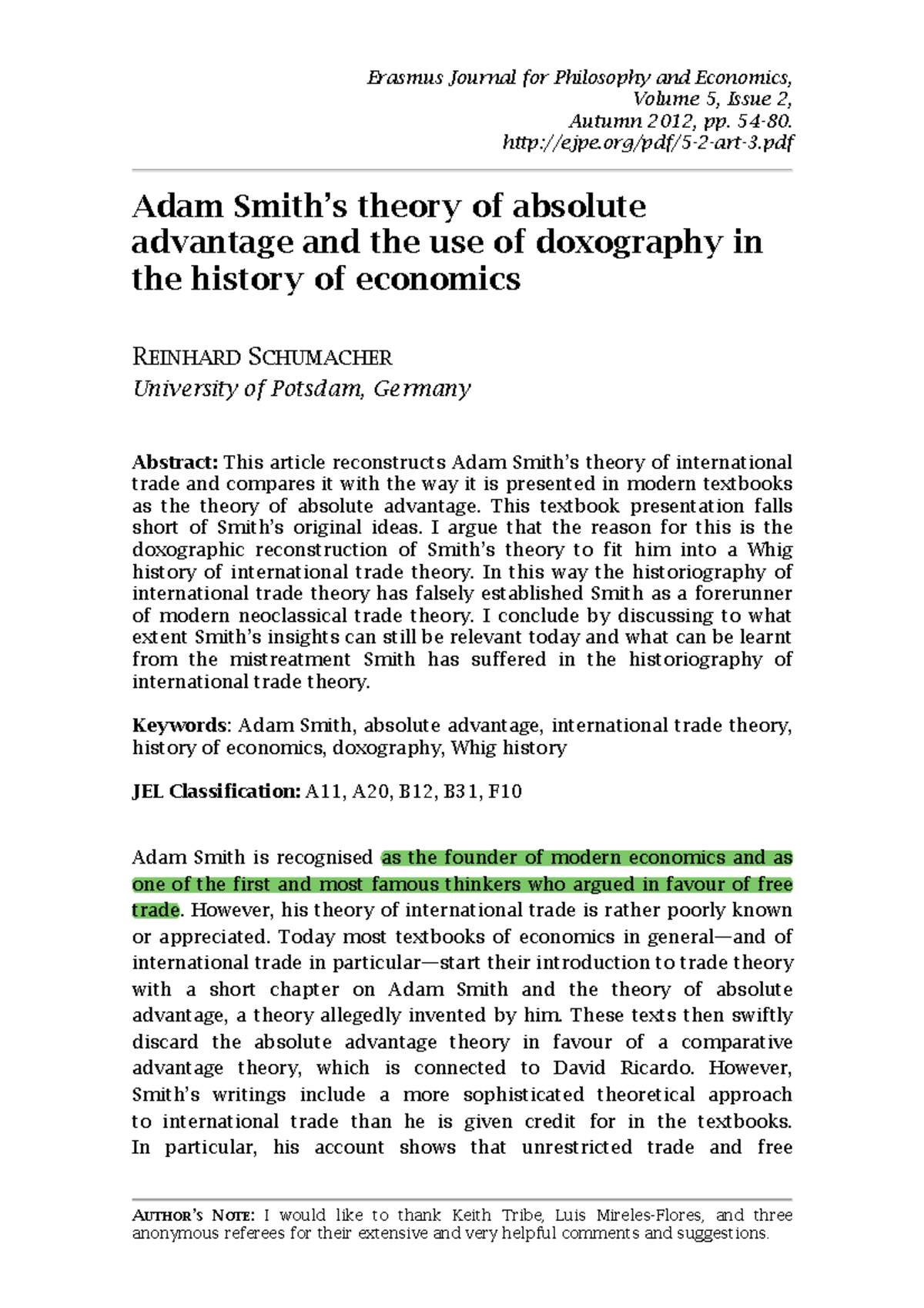 Adam Smith's theory of absolute advantage - Erasmus Journal for ...