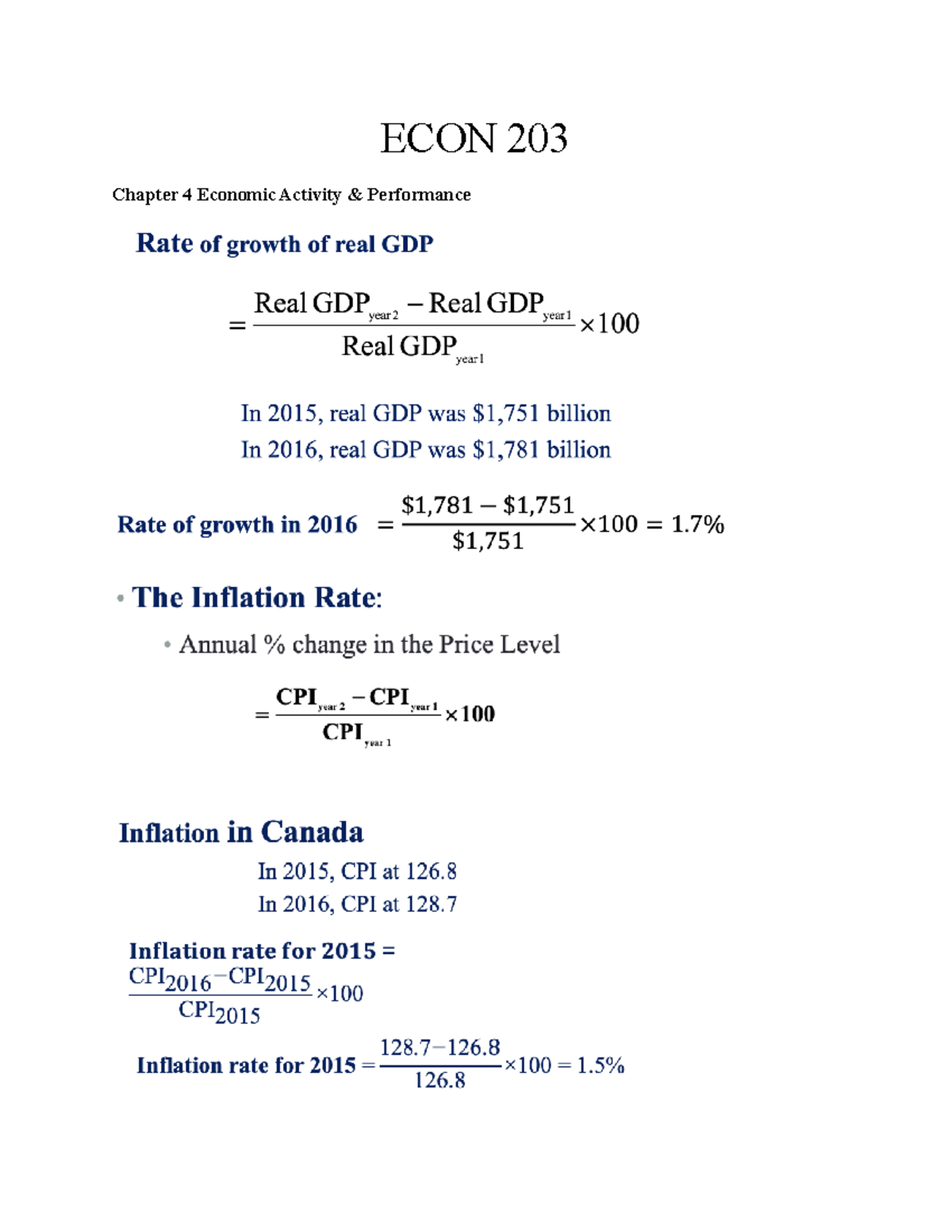 Chapter 4 - formulas - ECON 203 - ECON 203 Chapter 4 Economic Activity ...