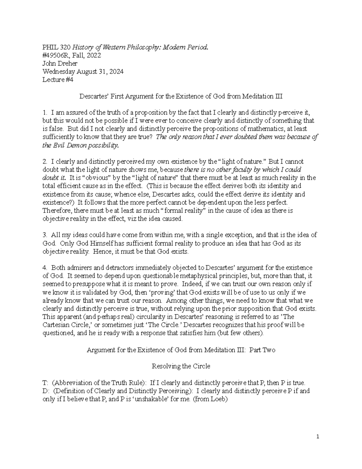 PHIL 320 F 22 Lecture #4 Descartes' First Argument for the Existence of ...