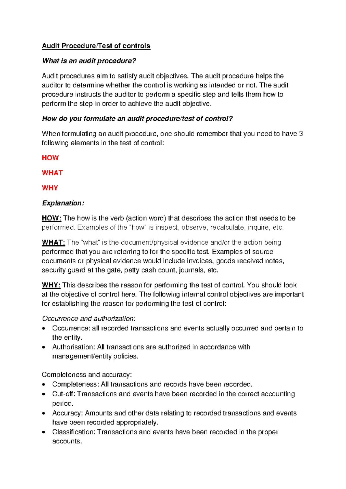 Audit Procedures - STUDY NOTES - Audit Procedure/Test of controls What ...