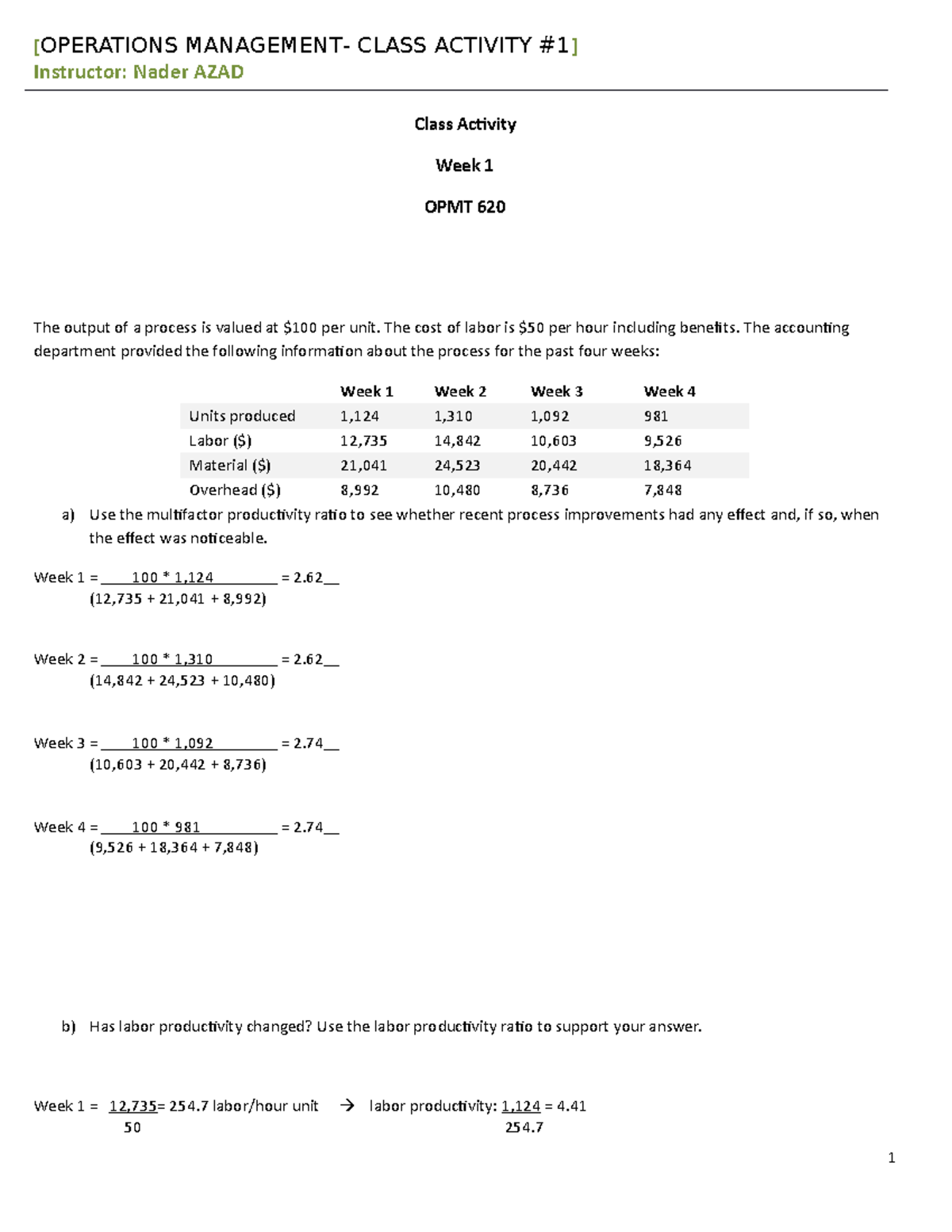 Class Activity-Week 1 - [OPERATIONS MANAGEMENT- CLASS ACTIVITY #1] Instructor: Nader AZAD Class ...