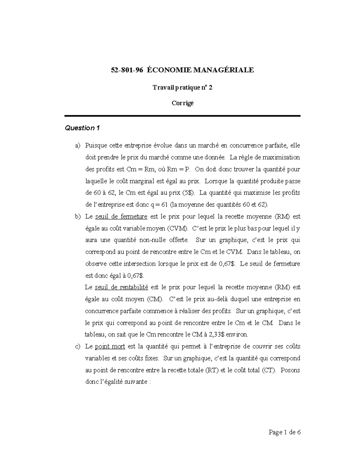 2654 - 52-801-96 ÉCONOMIE MANAGÉRIALE Travail pratique no 2 Corrigé ...