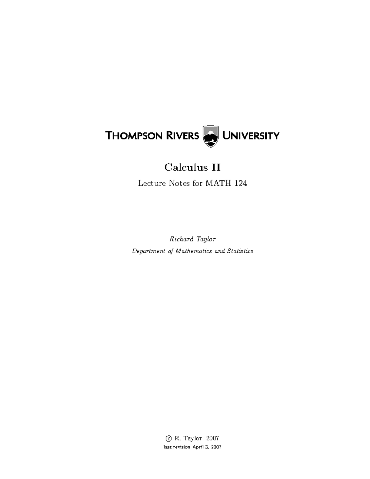 Math124notes - CALCUS 2 - Calculus II Lecture Notes for MATH 124 ...