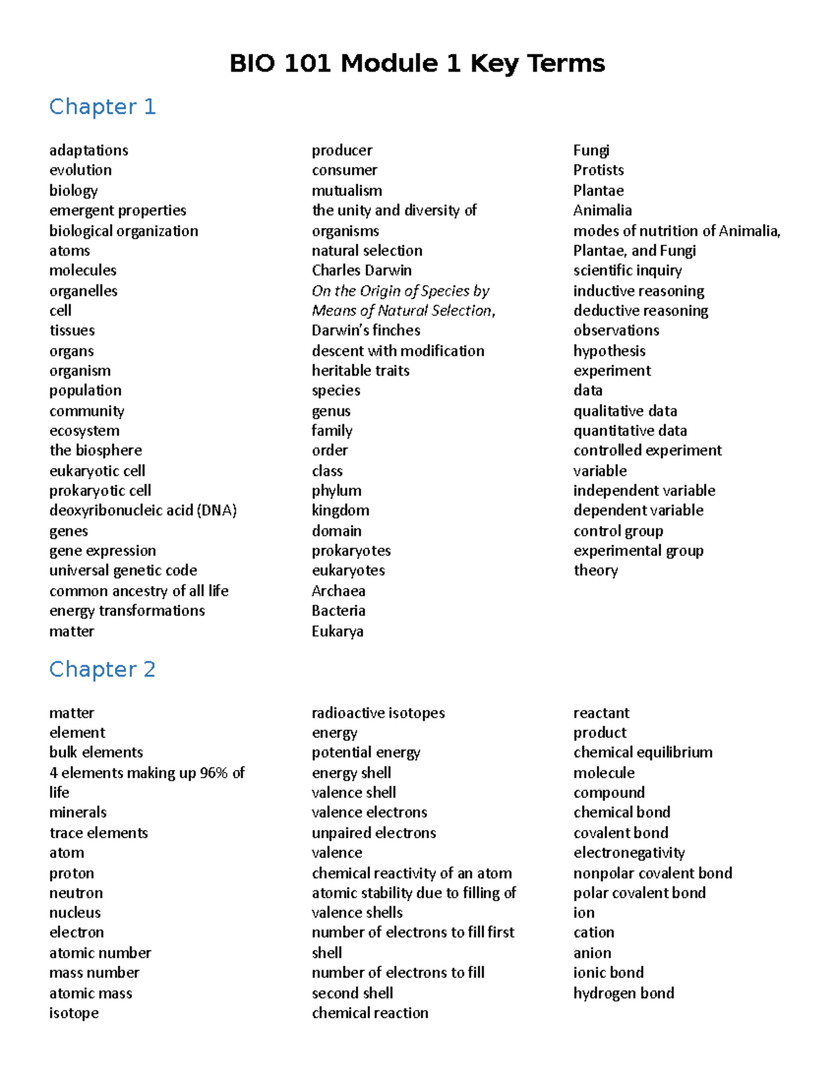 BIO101 Mod1 Key Words - THis shows you the vocab you need to know for ...