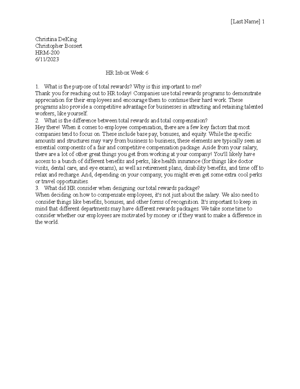 HRM-200 HR inbox Week 6 - [Last Name] 1 Christina DeKing Christopher ...