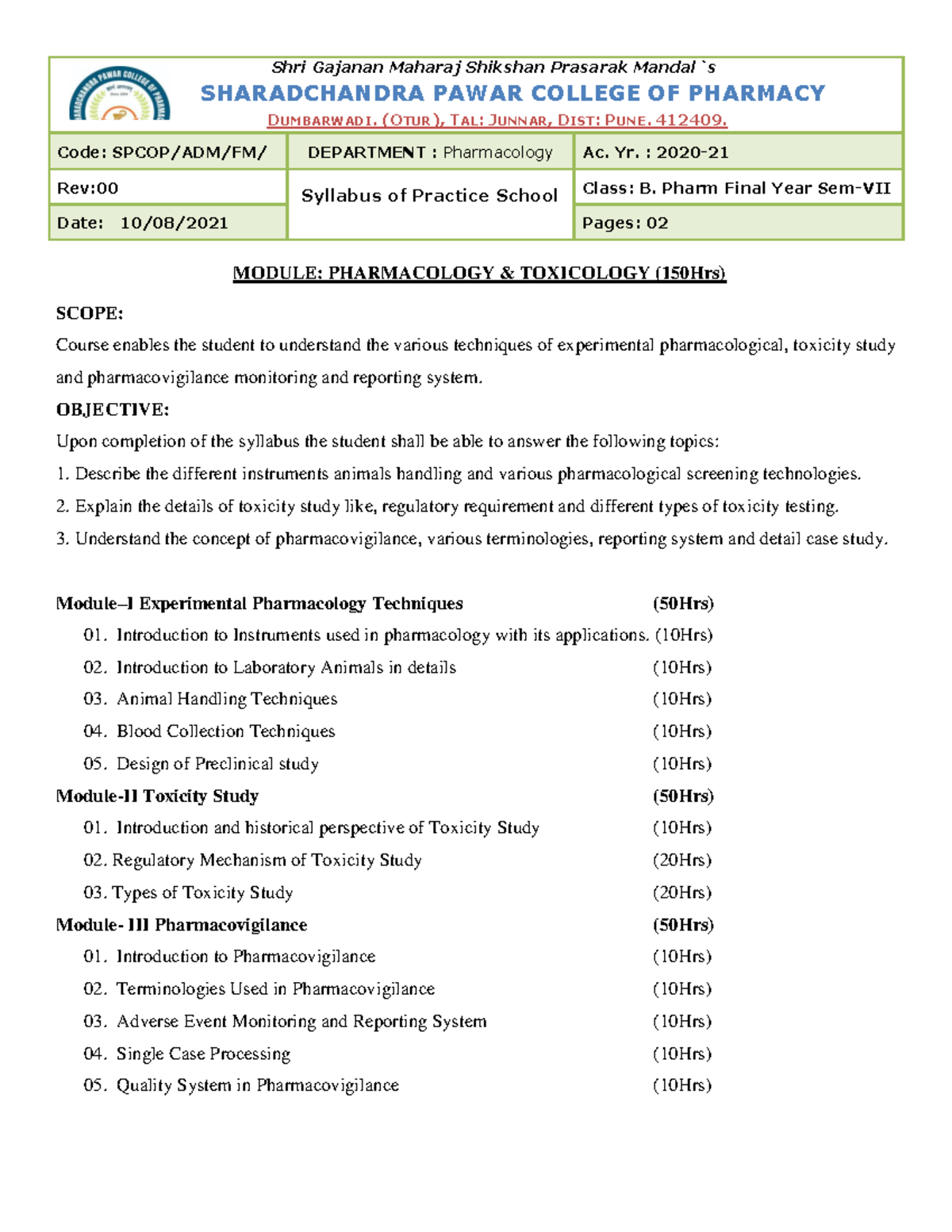 Practice School Syllabus Pharmacology Module - Shri Gajanan Maharaj ...