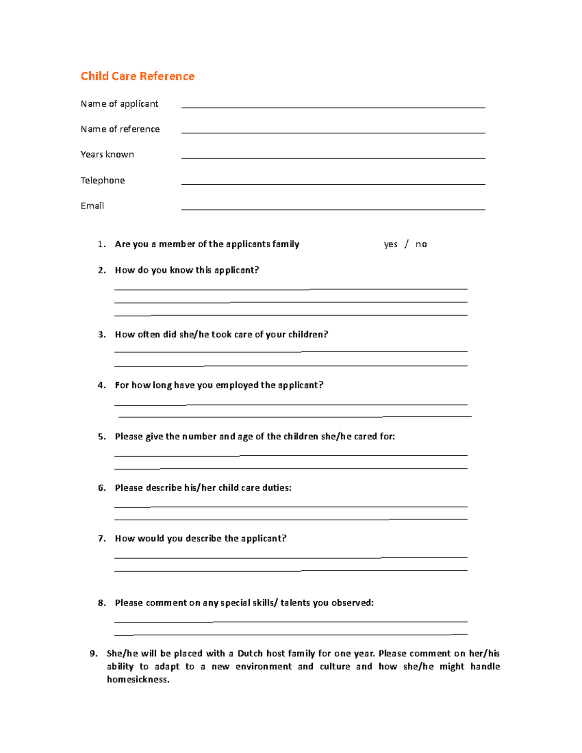 Child Care Reference - Child Care Reference Name of applicant Name of ...