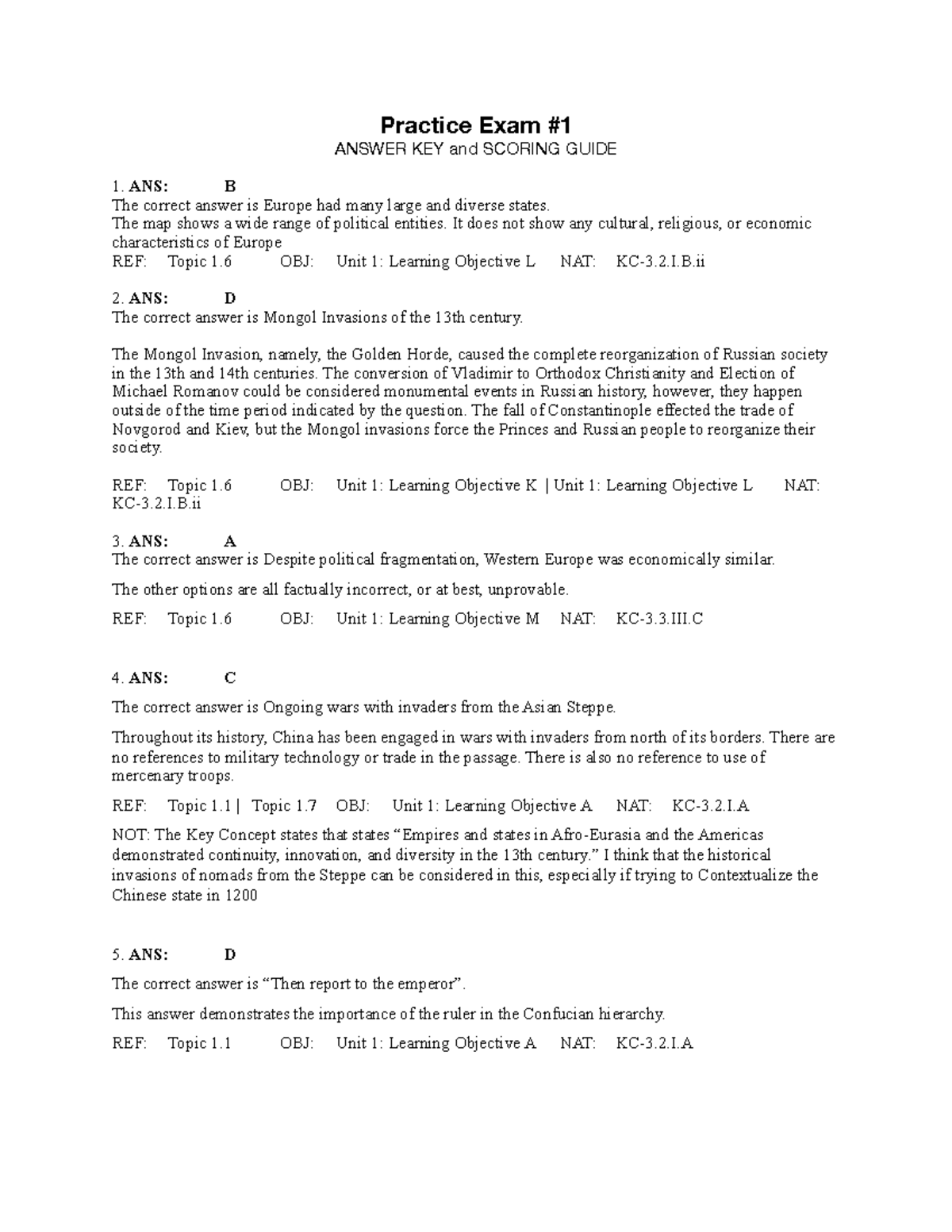 AP Exam Practice Exam 1 Answers - Practice Exam ANSWER KEY and SCORING ...