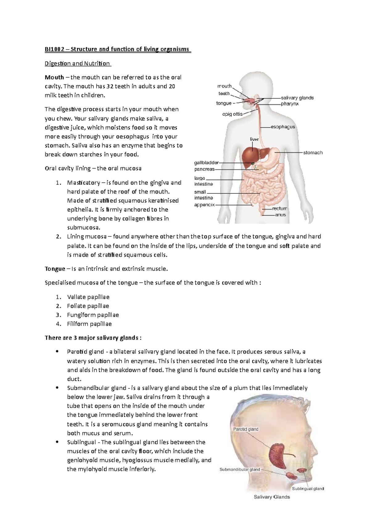 Digestion and Nutrition - BI1002 – Structure and function of living ...