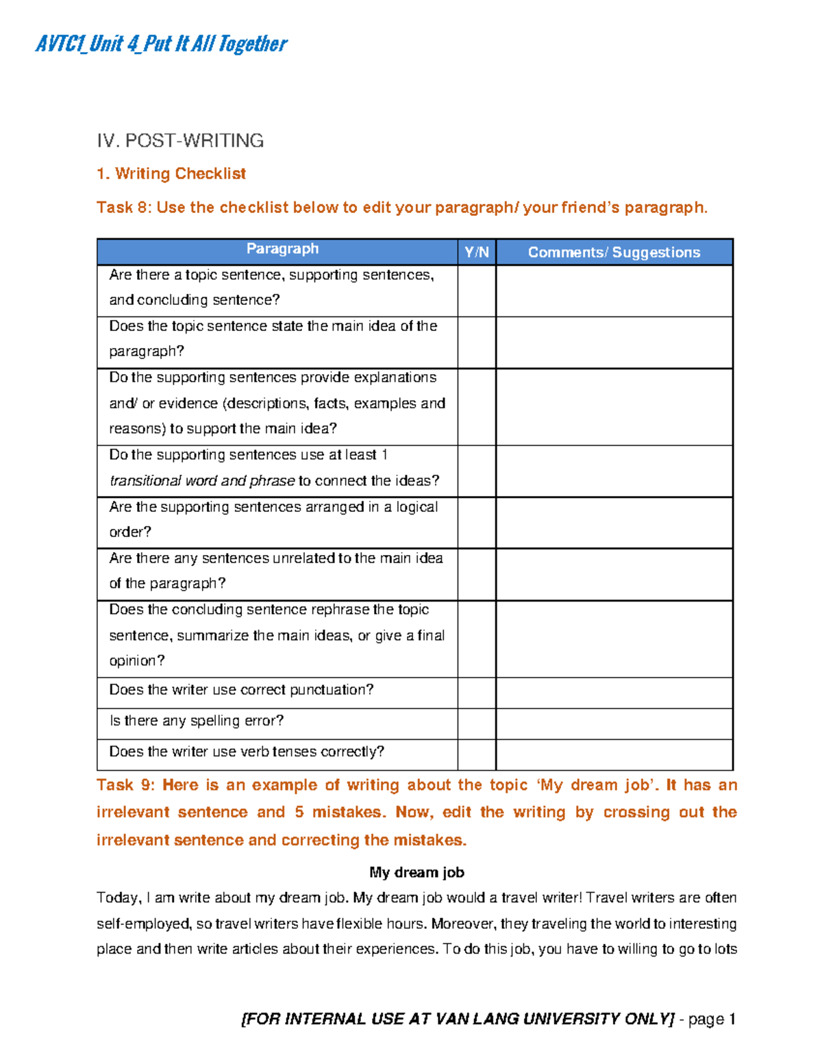[Official] AVTC1 - Unit 4 - Write a complete paragraph - After class ...