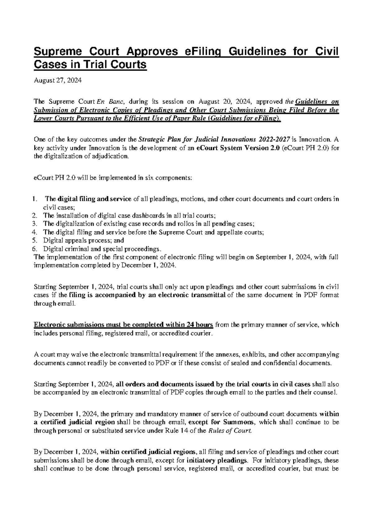 Supreme Court Approves e Filing Guidelines for Civil Cases in Trial ...