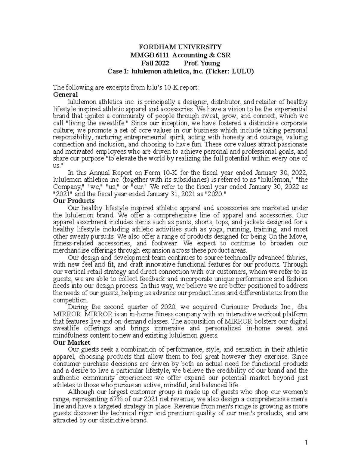 Case 1 2022 lululemon - Case1 Accounting Assignment Questions - FORDHAM ...