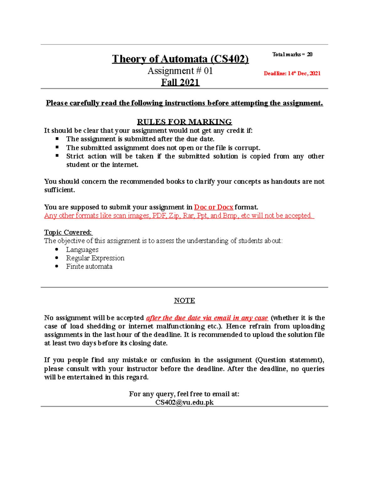 Fall 2021 CS402 1 SOL - Grade: b - Theory of Automata (CS402) Assignment # 01 Fall 2021 Total ...