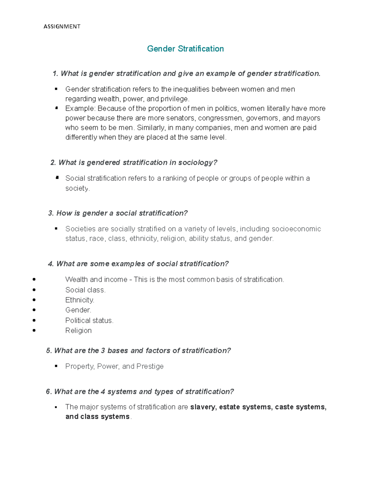 Gender and Society- Assignment - ASSIGNMENT Gender Stratification 1 ...