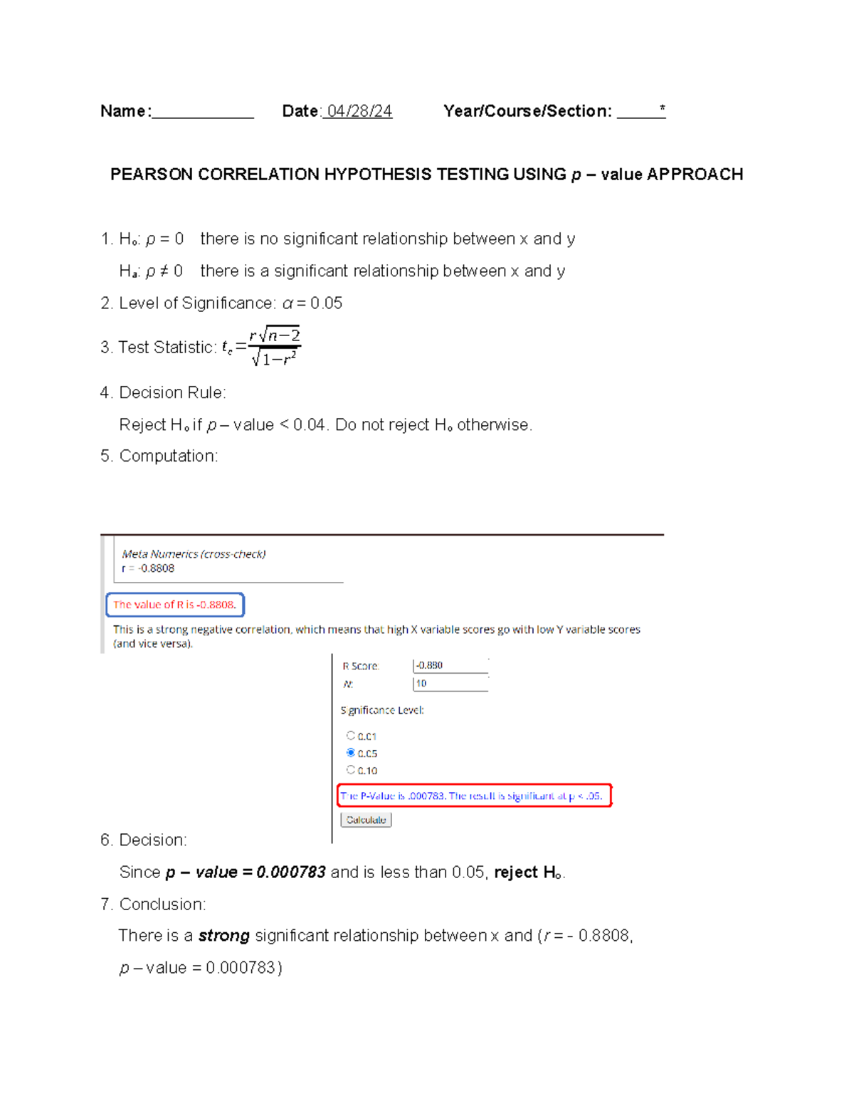 Applied Statistics Pearson Correlation using online tool - Name: Date ...