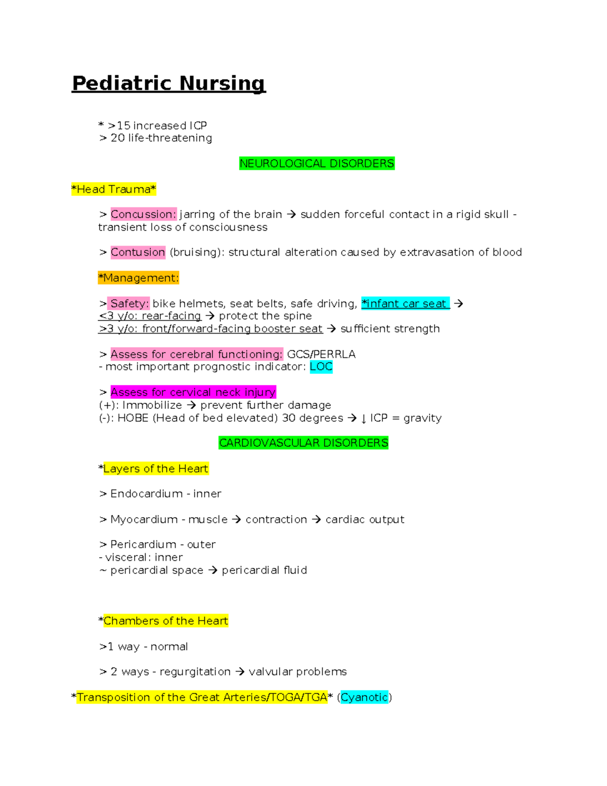 Pediatric Nursing Notes - Pediatric Nursing >15 increased ICP > 20 life ...