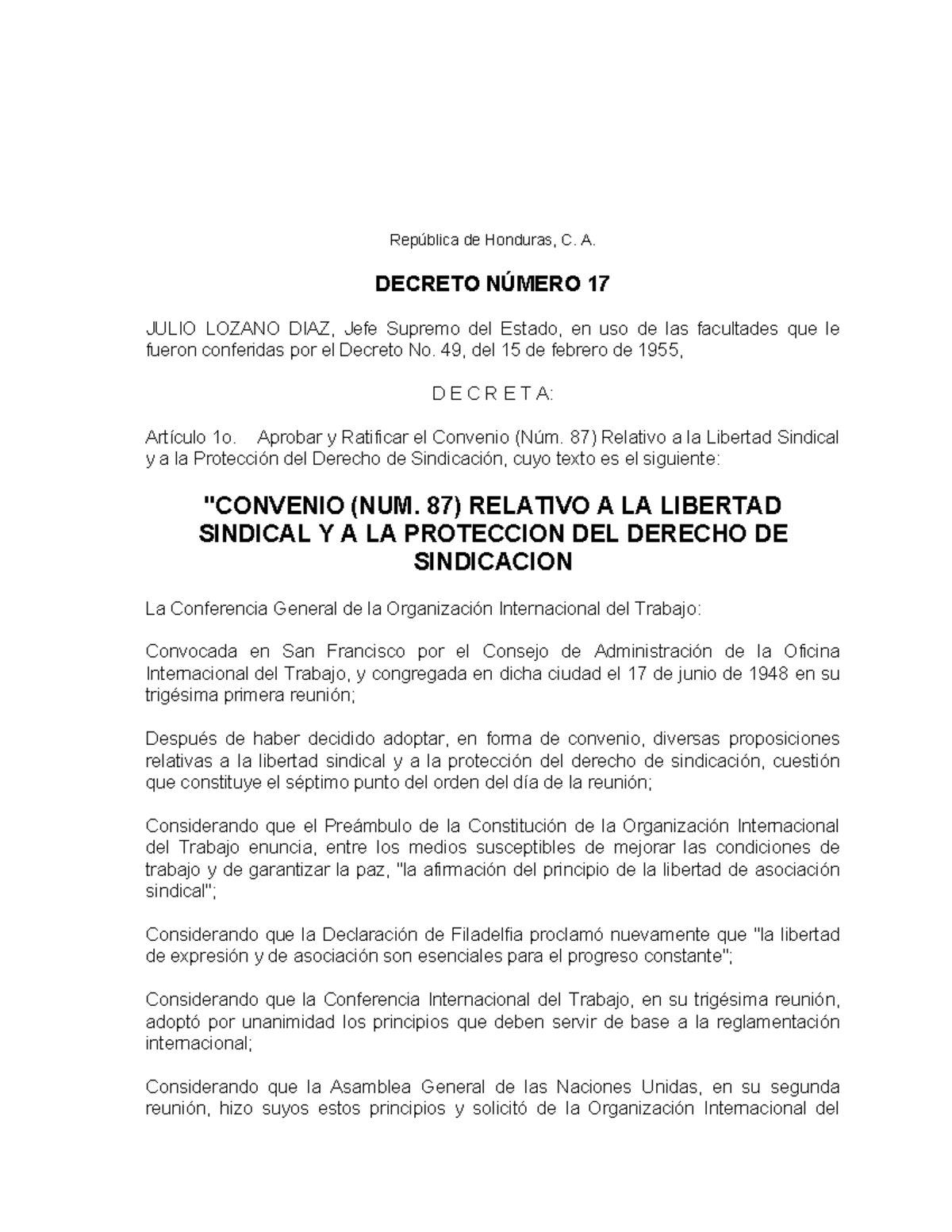 Convenio N° 87 Relativo a la Libertad Sindical y a la Protección del derecho de sindicación ...