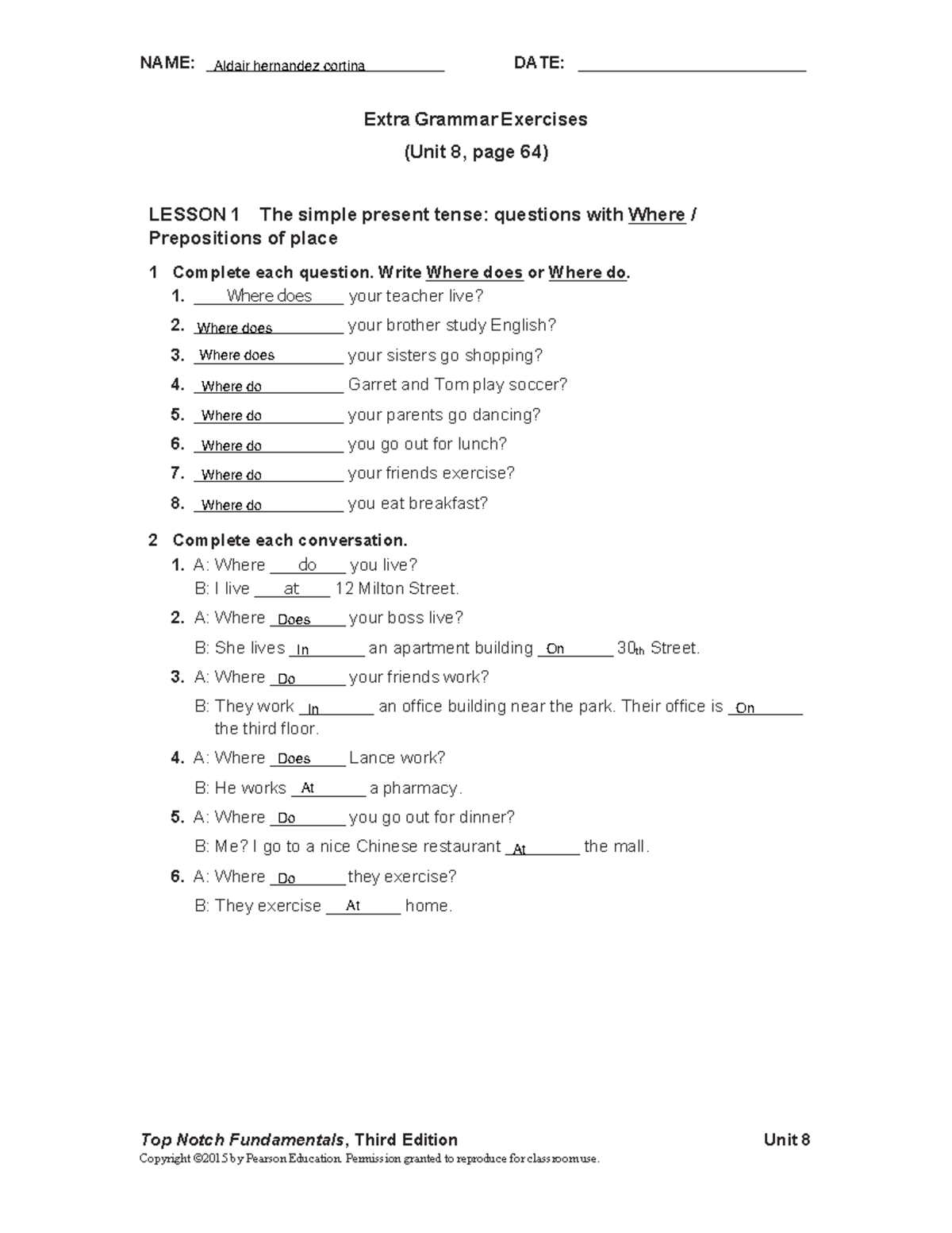 Cuenta De cod - UNIT 08 Extra Grammar Exercises - NAME: DATE: Top Notch Fundamentals, Third ...
