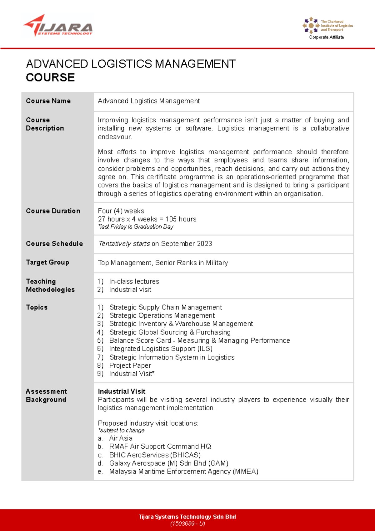 Course Outline (Advanced Logistics Management) - ADVANCED LOGISTICS MANAGEMENT COURSE Course ...