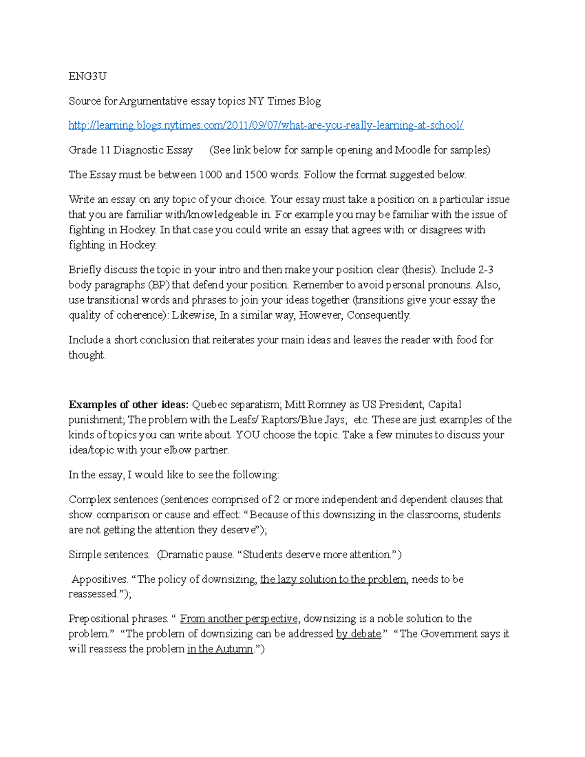 Grade 11 Diagnostic Essay package - ENG3U Source for Argumentative ...