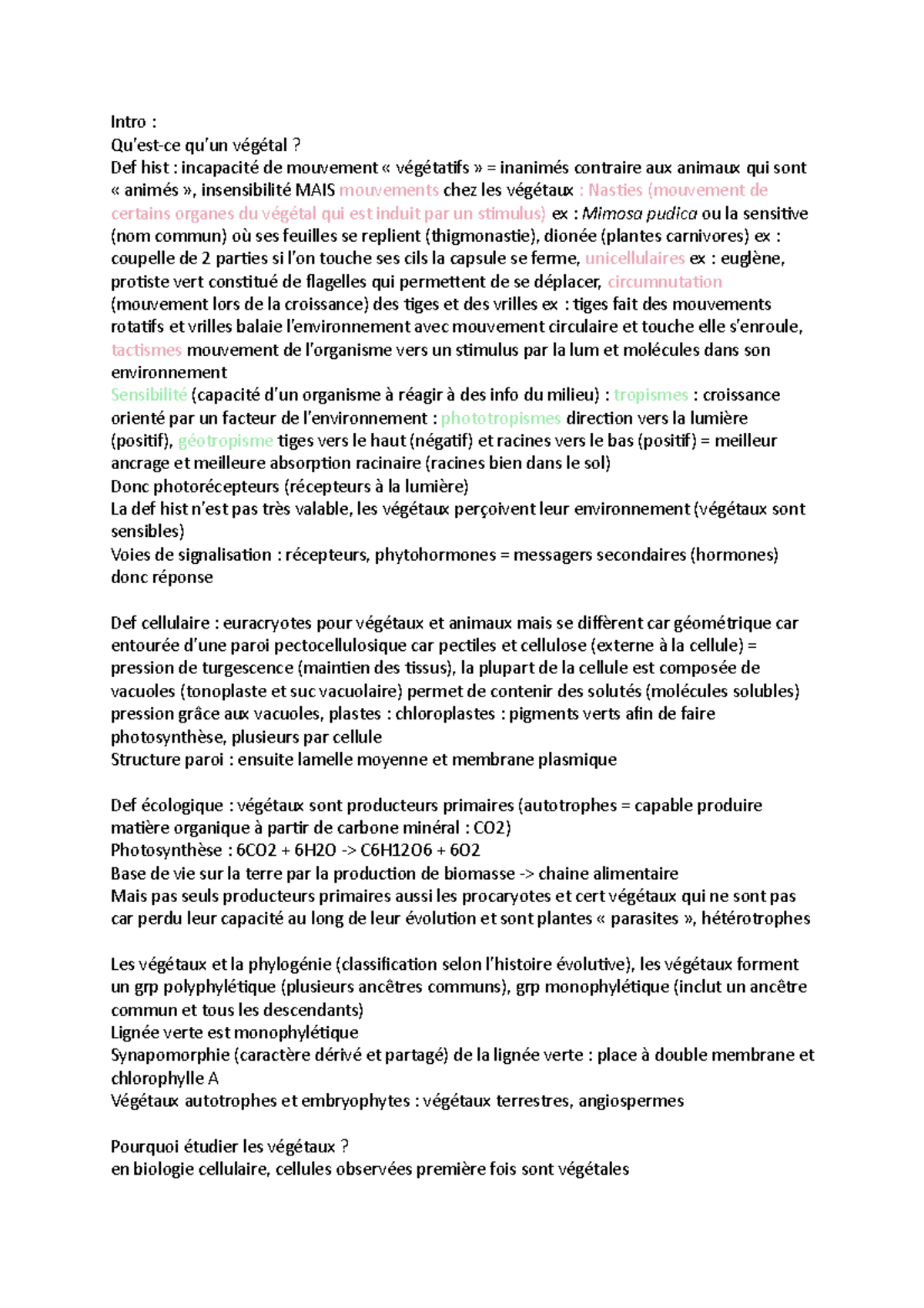 BOV Partie 1 - CB-SVT L1S1 - Intro : Qu’est-ce qu’un végétal? Def hist : incapacité de mouvement ...