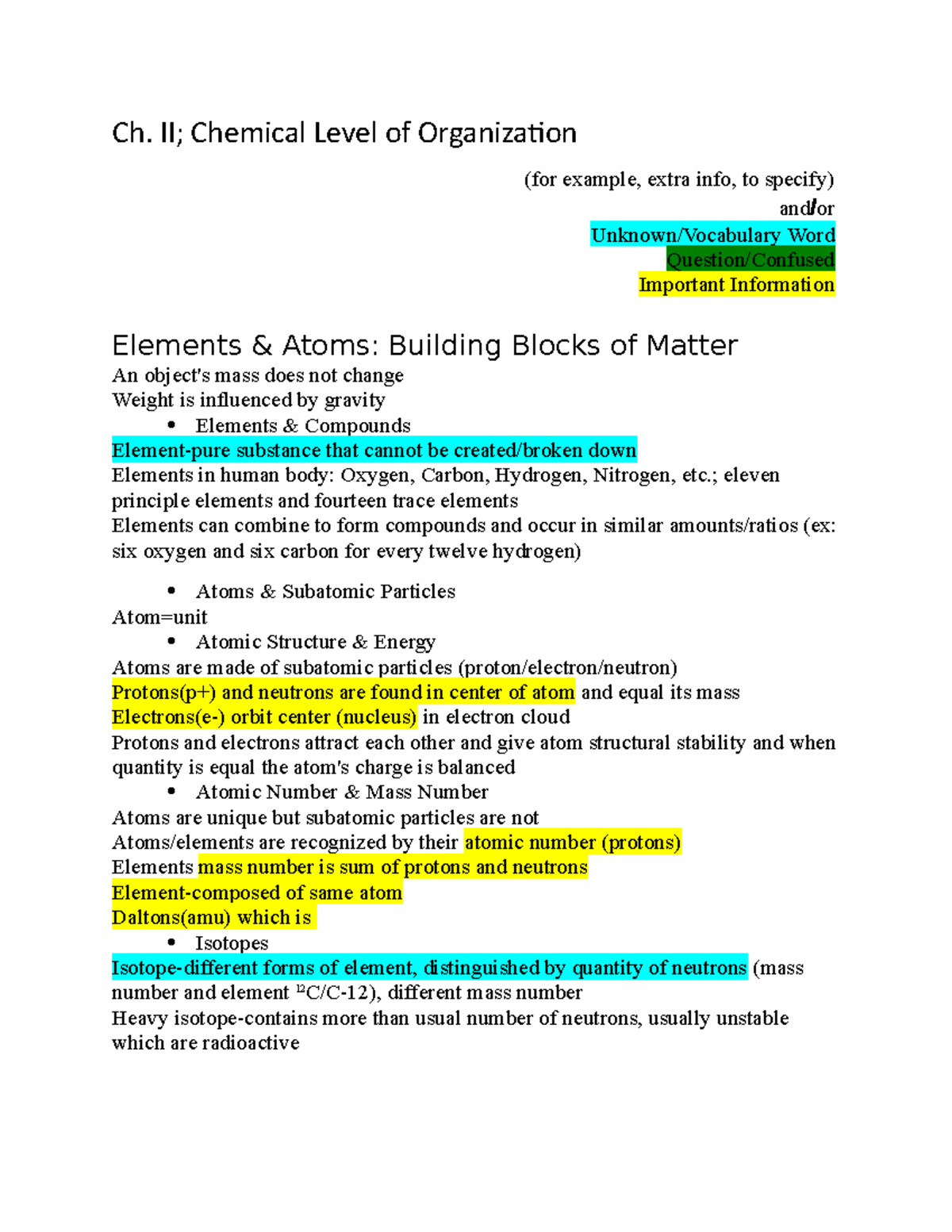 Human AP Notes - Chapter 2 - Anatomy and Physiology - Ch. II; Chemical ...