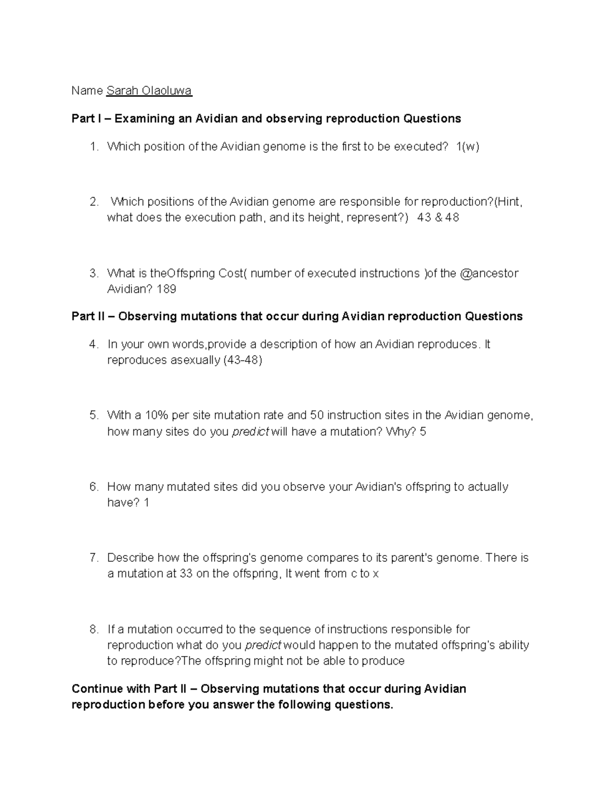 LAB 1 - Avida Lab - Name Sarah Olaoluwa Part I – Examining an Avidian ...