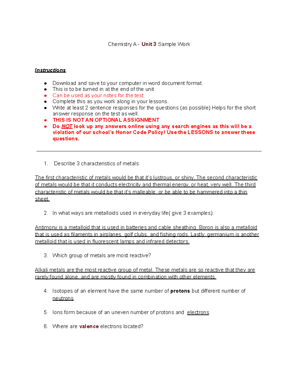 Chemistry 11 Unit 3 Study Guide - Chemistry A - Unit 3 Sample Work ...