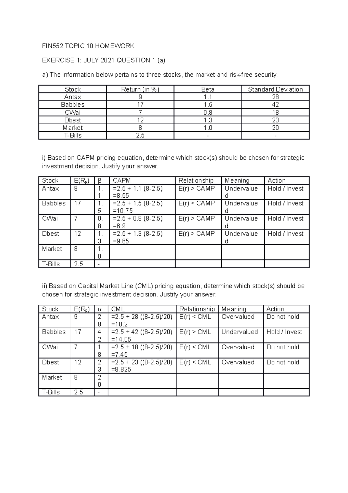 FIN552 Topic 10 Homework - FIN552 TOPIC 10 HOMEWORK EXERCISE 1: JULY ...