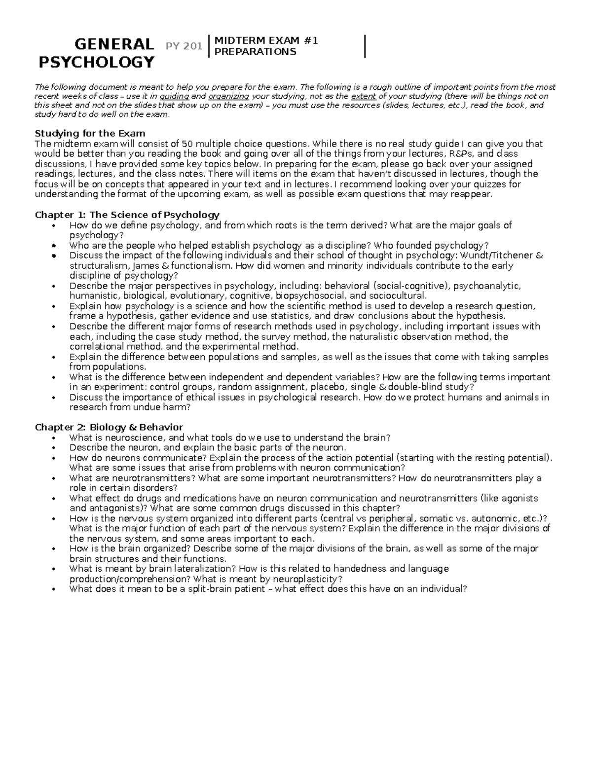 PY 201 Midterm Exam #1 Preparations FA20 - GENERAL PSYCHOLOGY PY 201 MIDTERM EXAM PREPARATIONS ...