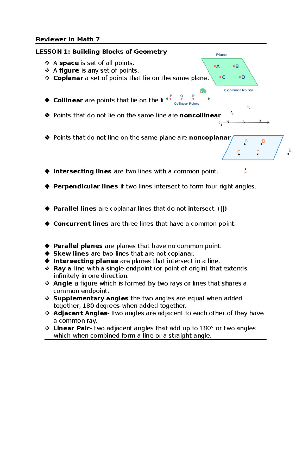 Reviewer in Math 7 - A figure is any set of points. Coplanar a set of ...