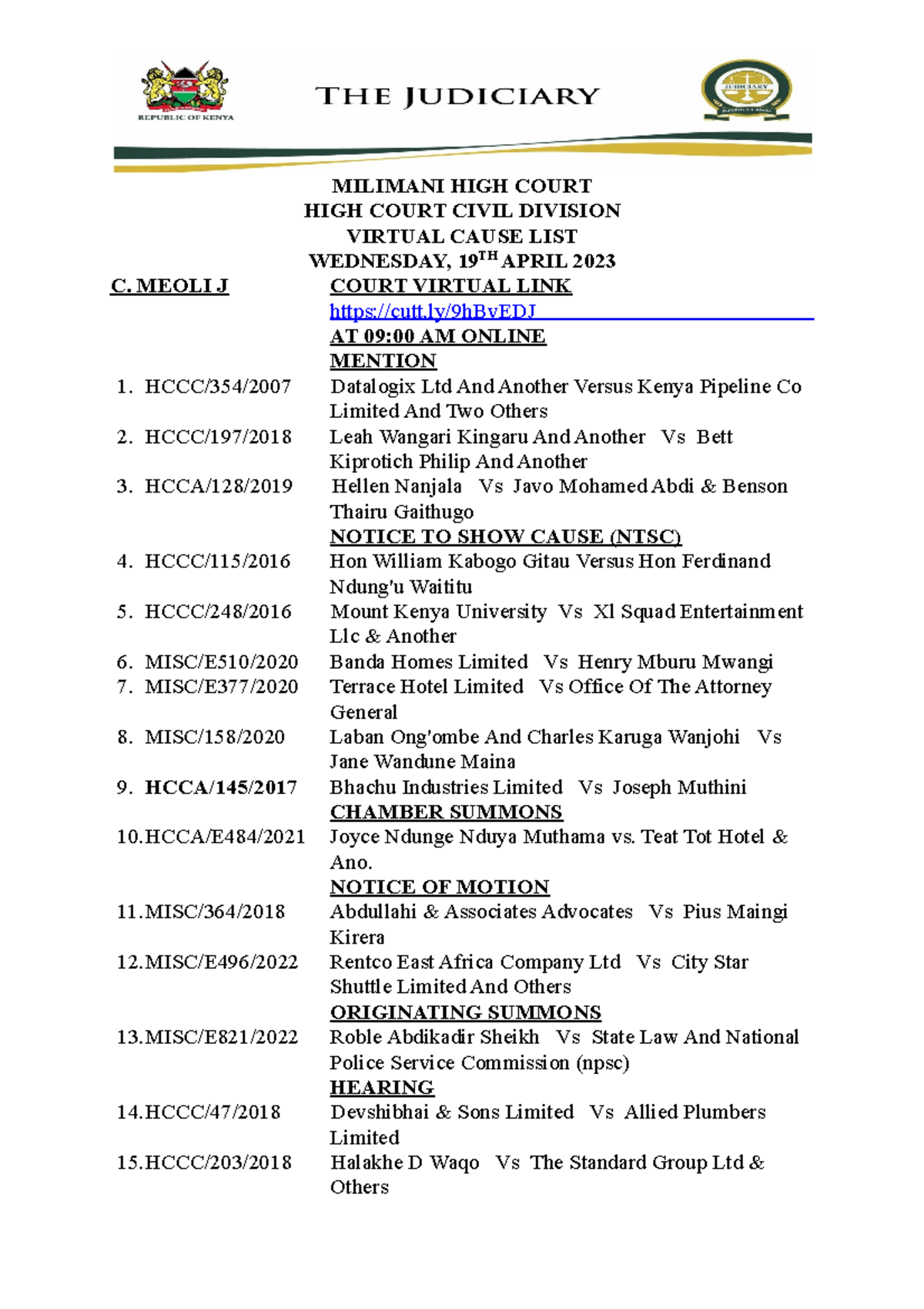 Civil Cause LIST FOR 19TH April 2023 - HIGH COURT CIVIL DIVISION ...