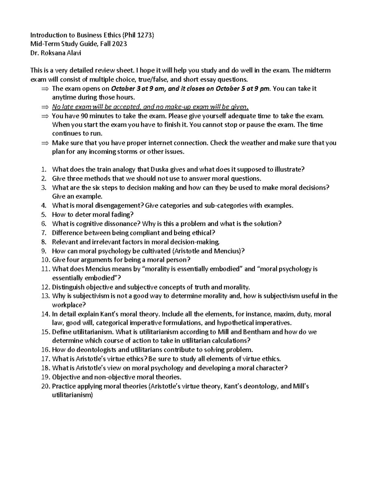 2Mid-Term Study Guide Business Ethics F 2023 - Introduction to Business ...