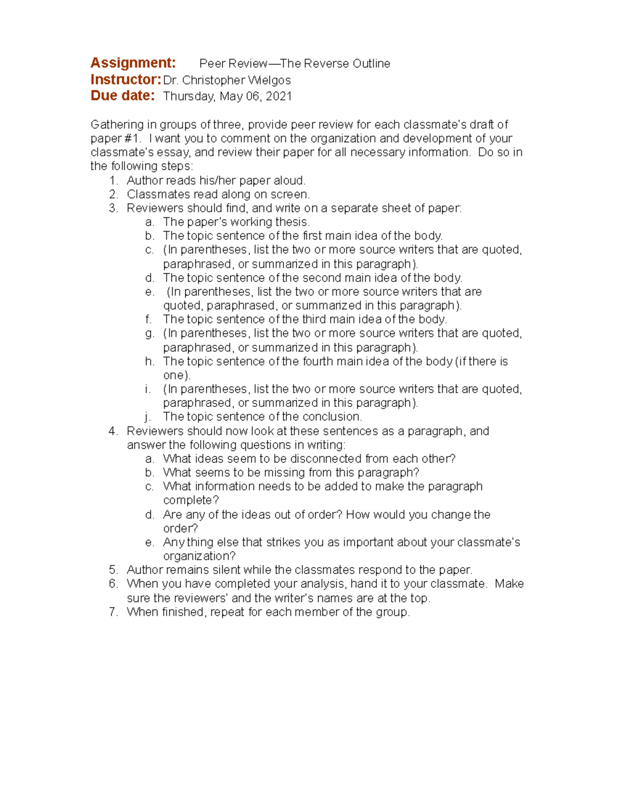 Peer Review Reverse Outline - Assignment: Peer Review—The Reverse ...