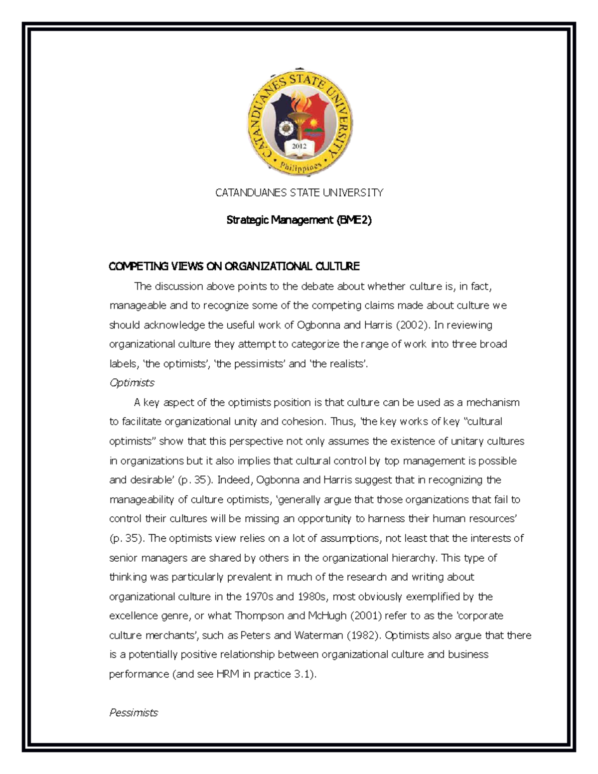 Competing Views ON Organizational Culture - CATANDUANES STATE ...